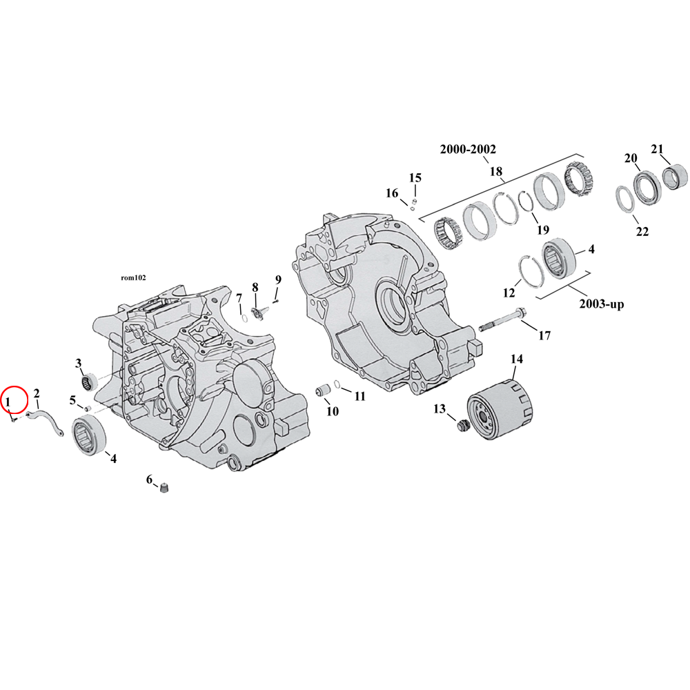 Crankcase Parts Diagram Exploded View for Harley Twin Cam Softail